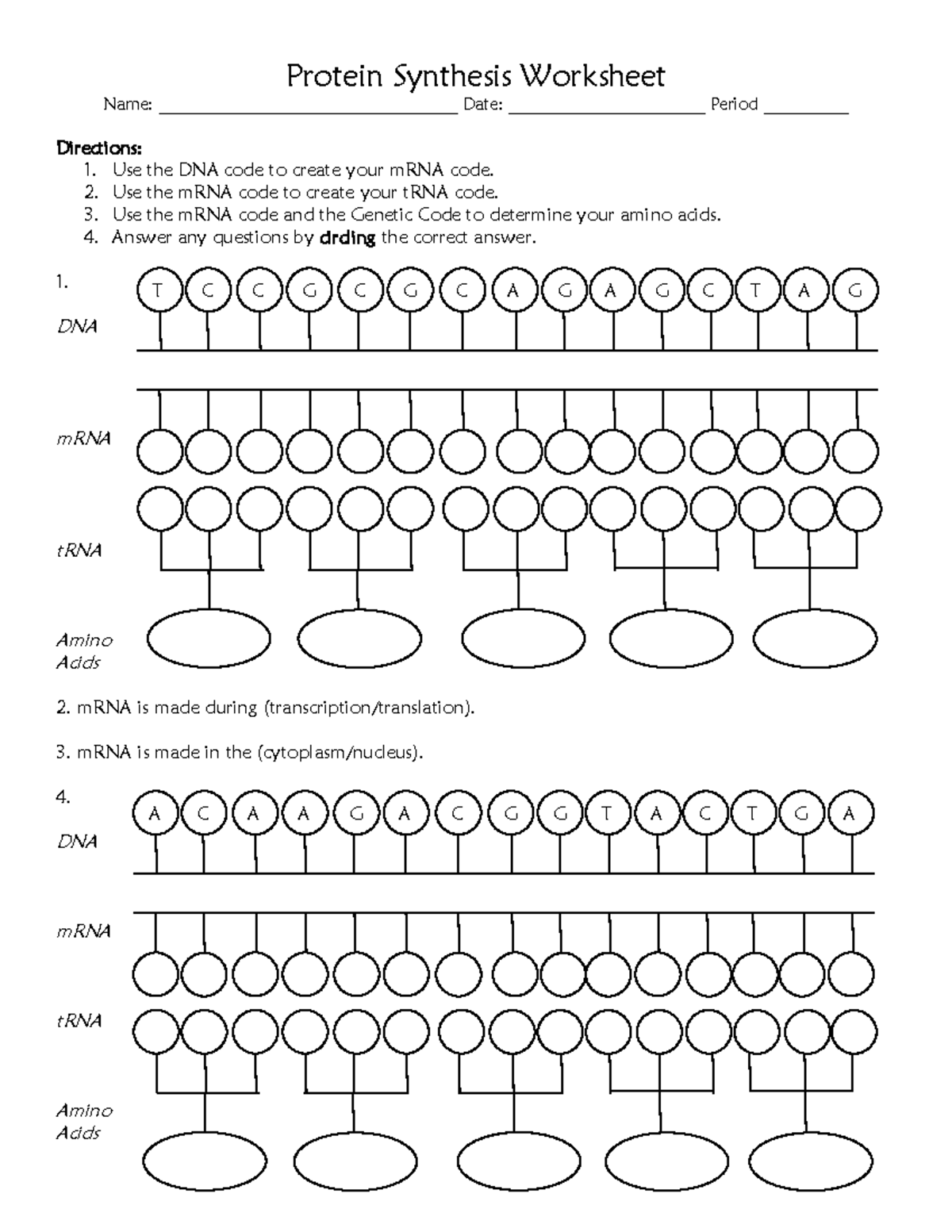 Protein Synthesis Worksheet - Protein Synthesis Worksheet Name