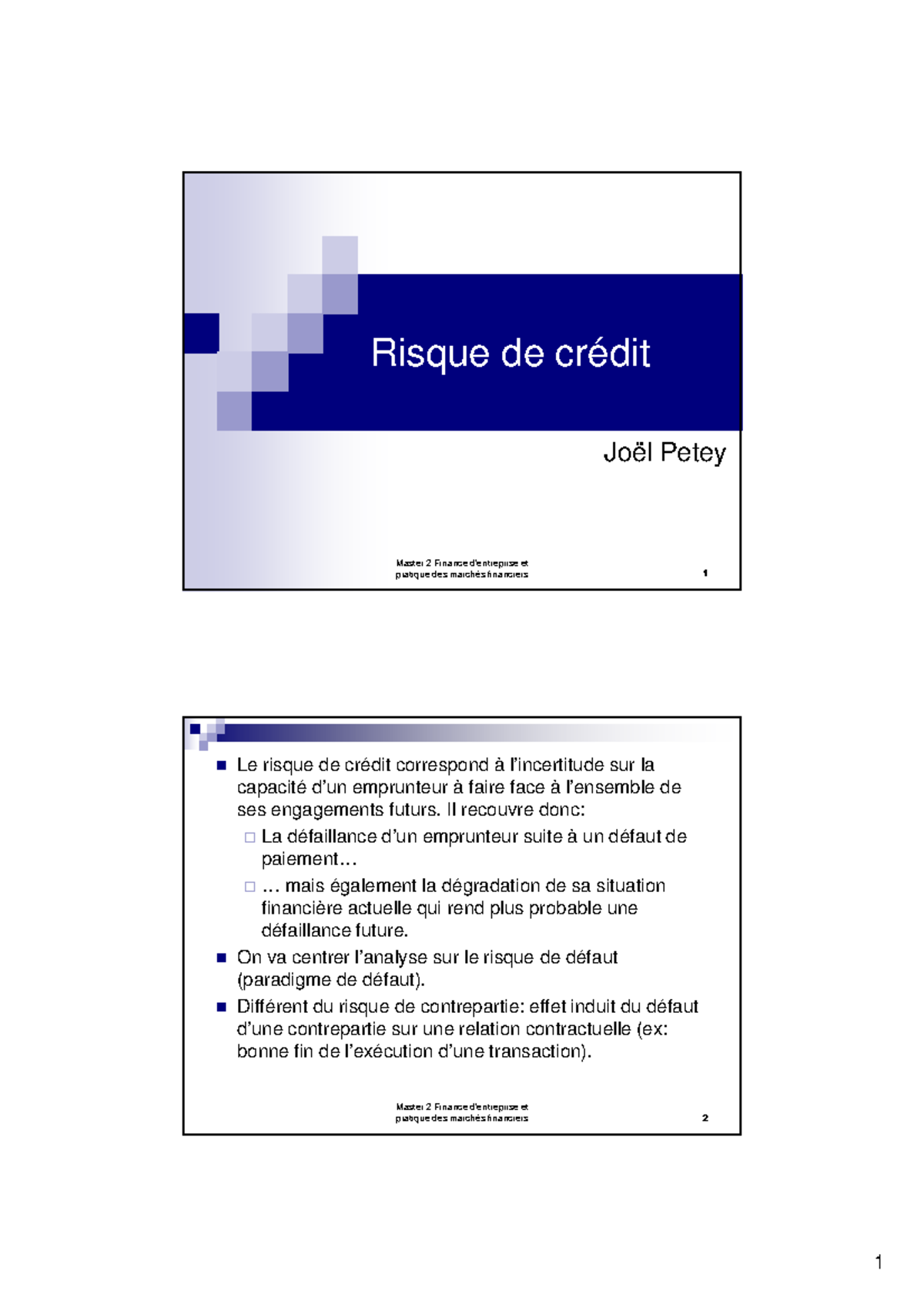 Risque de crédit 1 - Master 2 Finance d'entreprise et pratique des ...