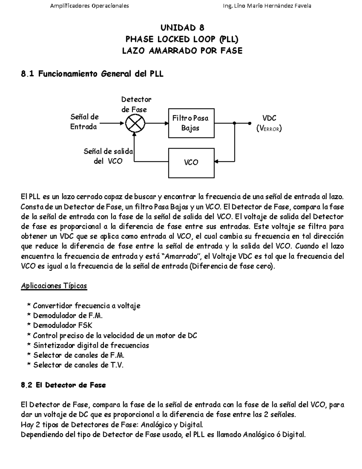 Amplificadores Operacionales U8 - UNIDAD 8 PHASE LOCKED LOOP (PLL) LAZO ...