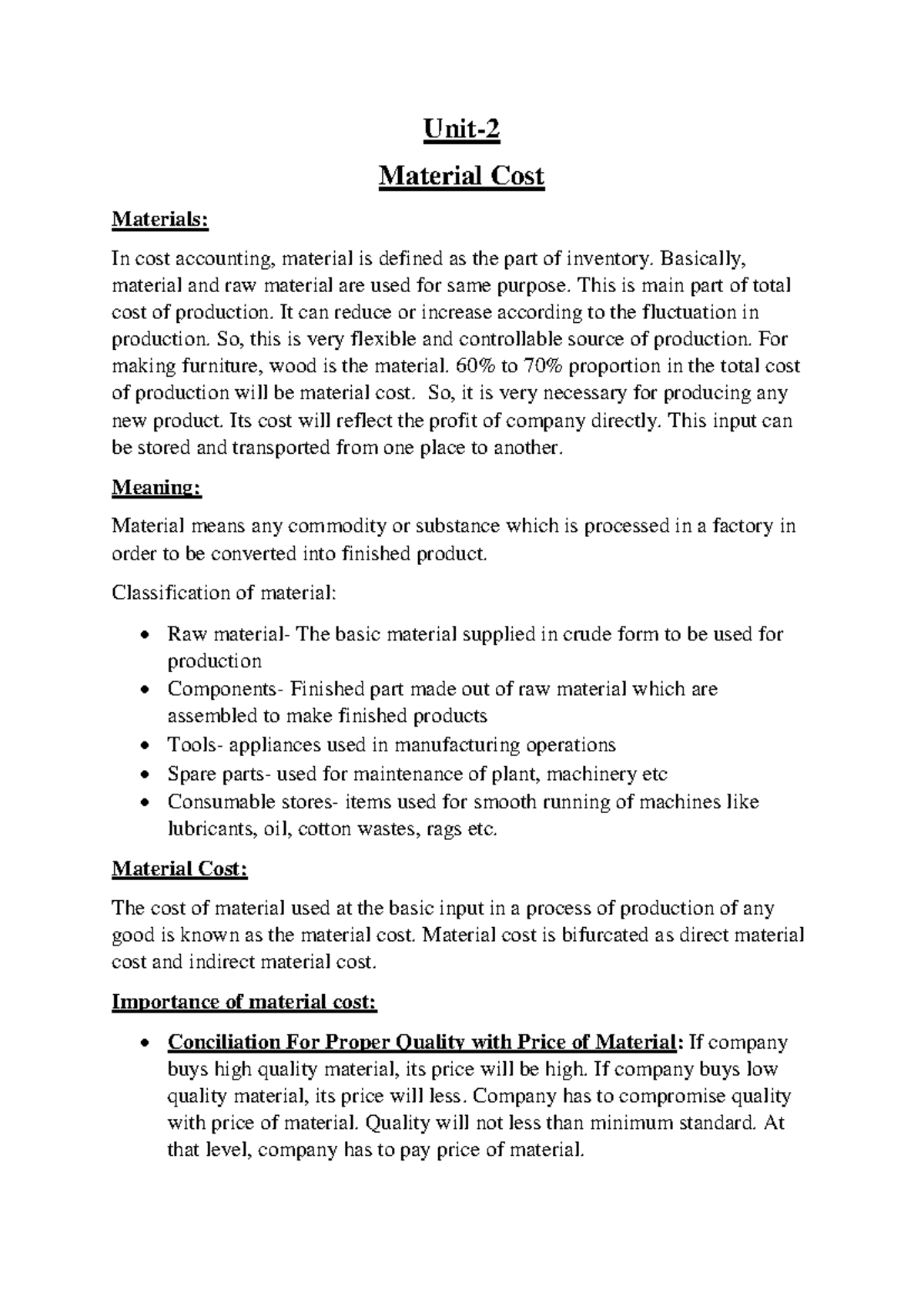 Unit-2 Material Cost - Unit- 2 Material Cost Materials: In cost ...