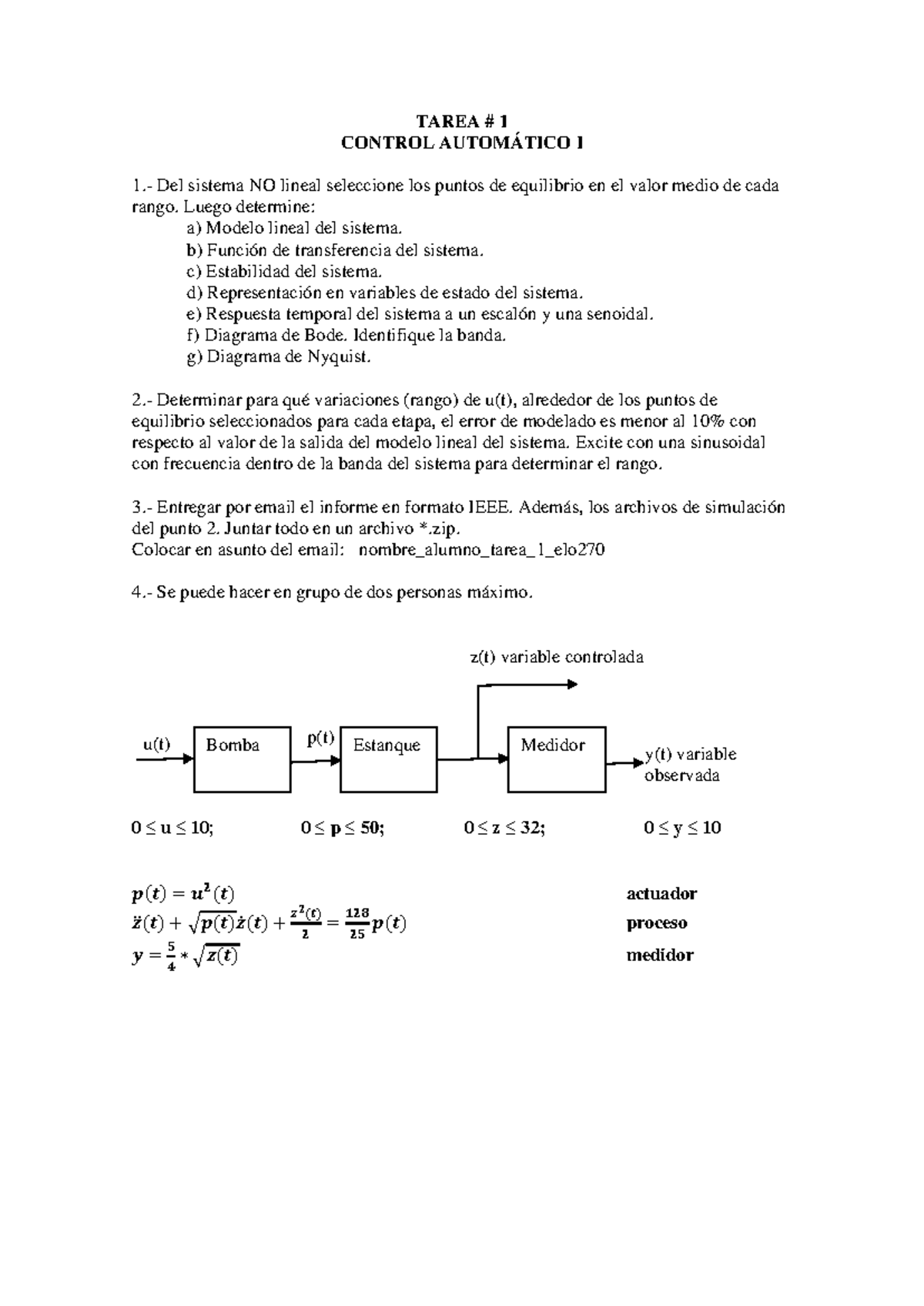 Tarea 1 2024 ELO270 - TAREA # 1 CONTROL AUTOMÁTICO I 1.- Del sistema NO lineal seleccione los ...