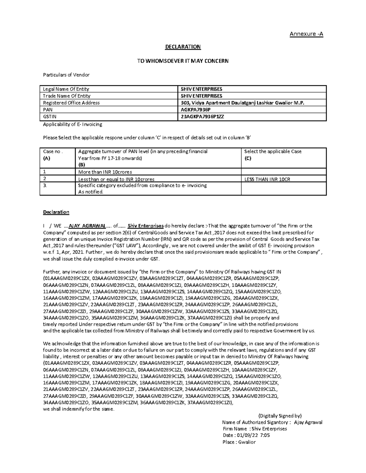 Declaration 10cr - Annexure -A (Digitally Signed by) Name of Authorized ...