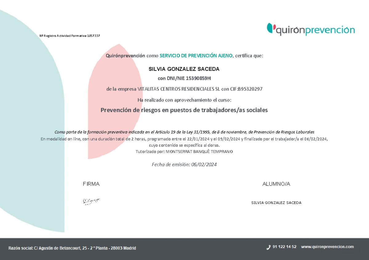 Prevención Riesgos, Curso Quiron 2024 - Nº Registro Actividad Formativa ...