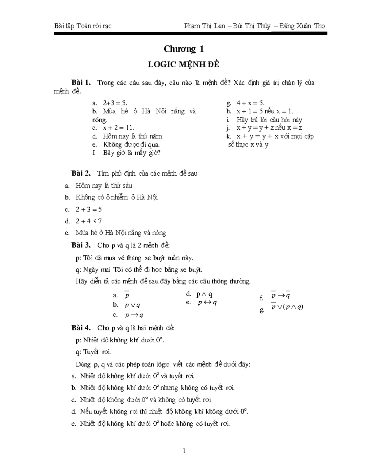 TRR Chapter 1 Logic Menh De Bai Tap Print - Chương 1 LOGIC MỆNH ĐỀ Bài 1. Trong các câu sau đây ...