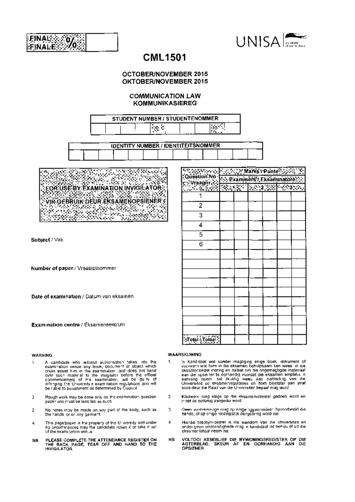 Oct-Nov-2015 - Exam stuff - cml1501 - StuDocu