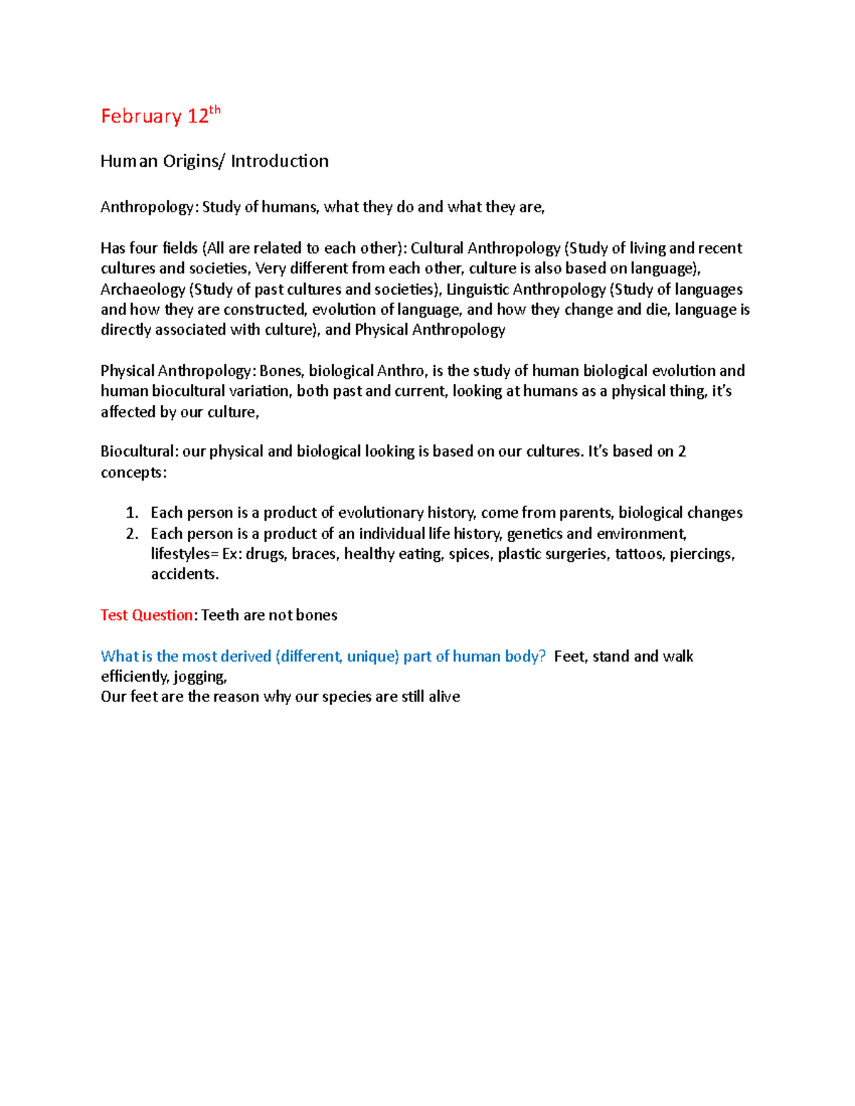 Unit 1 Notes - February 12th Human Origins/ Introduction Anthropology ...