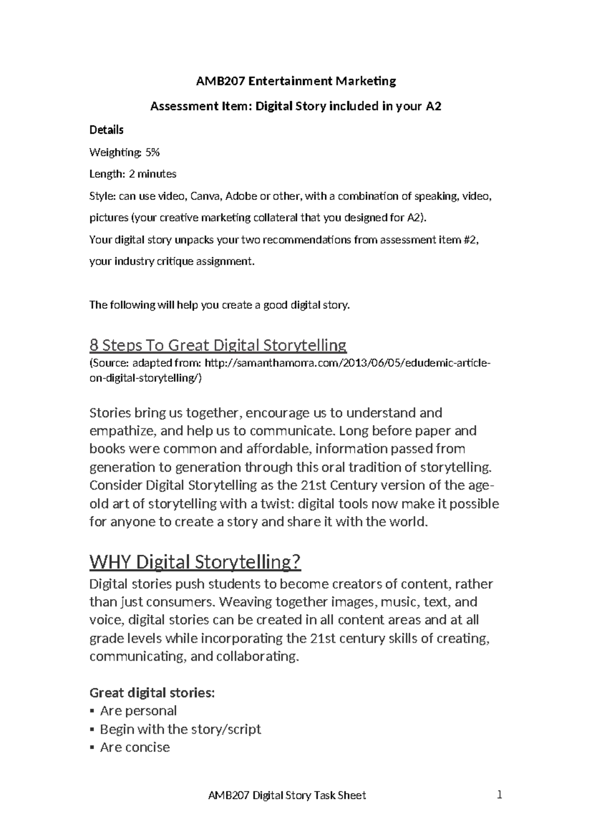 AMB207 Digital Story task sheet - AMB207 Entertainment Marketing ...