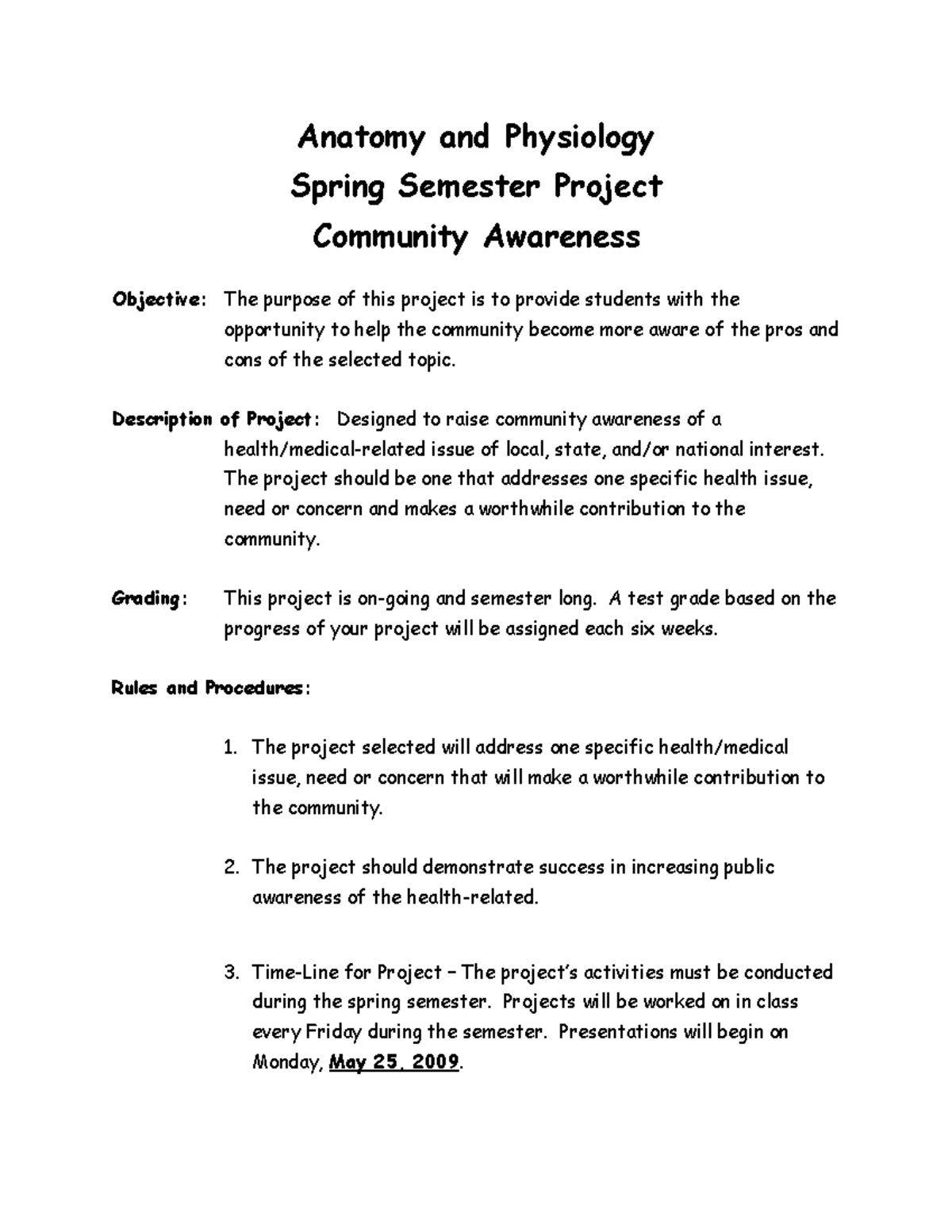 A P Spring Semester Project info - Anatomy and Physiology Spring ...