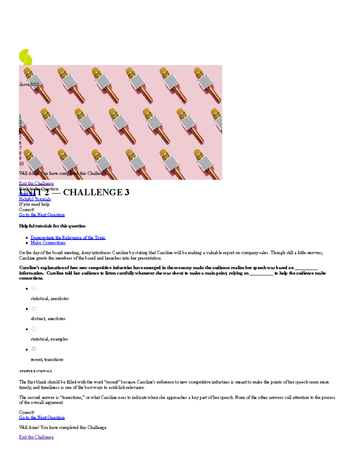 Public Speaking Challenge 3 8 - UNIT 2 — CHALLENGE 3 Score 8/ 1 2 3 4 5 ...