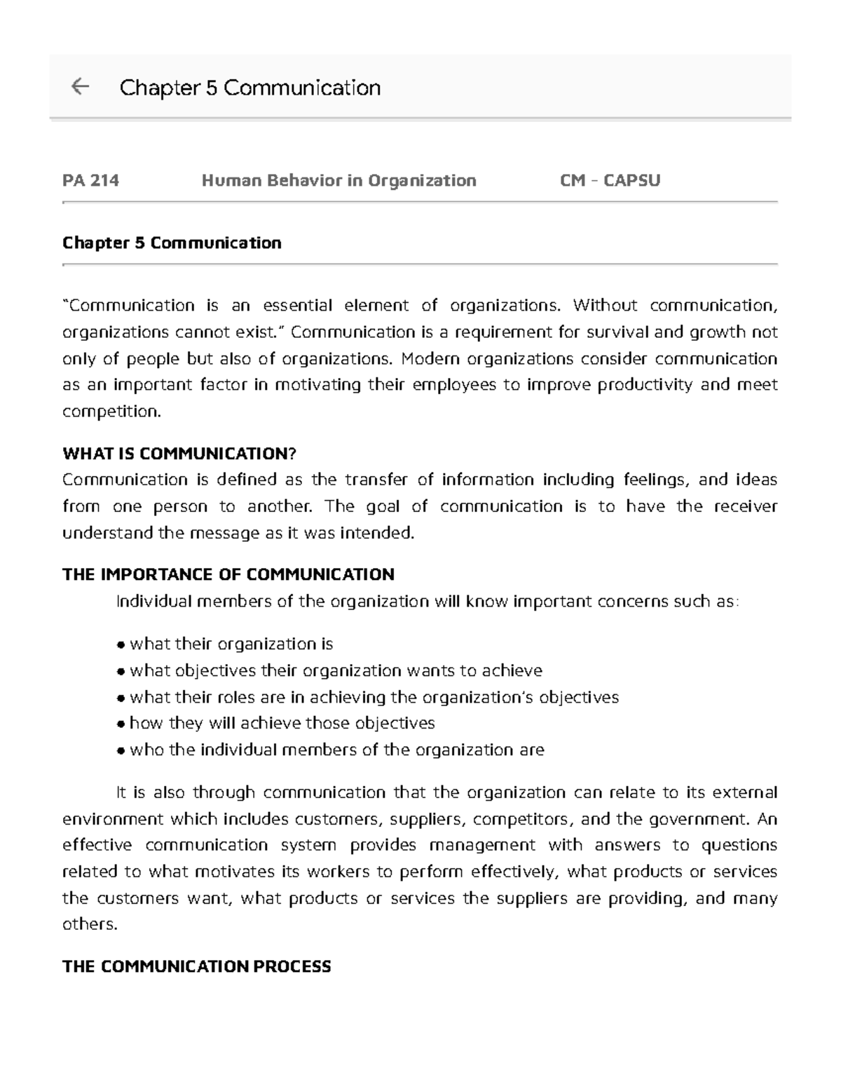Chapter 5 Communication - PA 214 Human Behavior in Organization CM ...