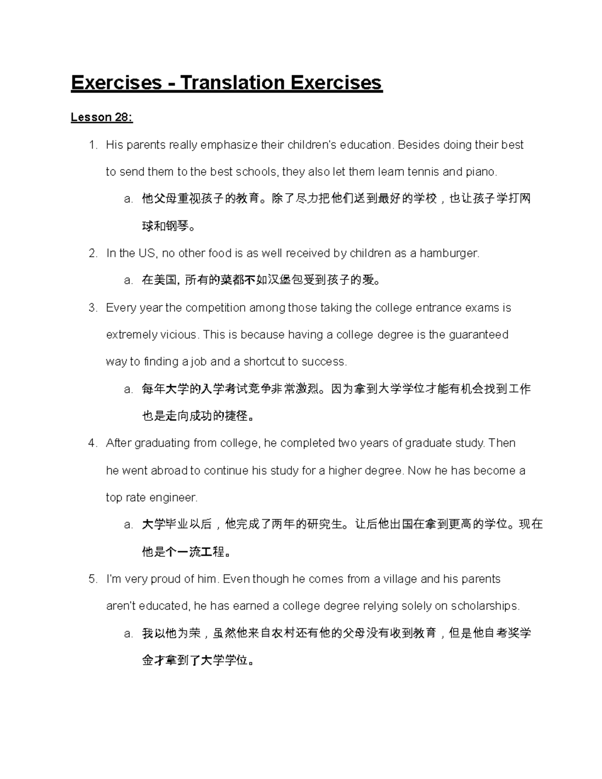 Chinese Final Review - Translation Exercises (L28&29) - Exercises ...