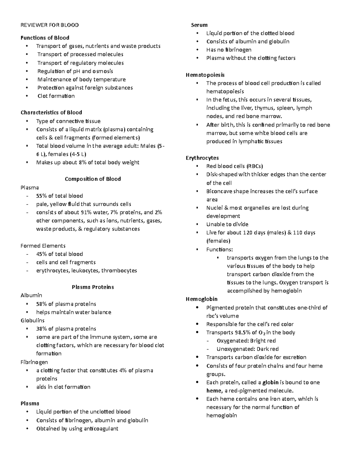 Reviewer-FOR- Blood - anaphy - REVIEWER FOR BLOOD Functions of Blood ...