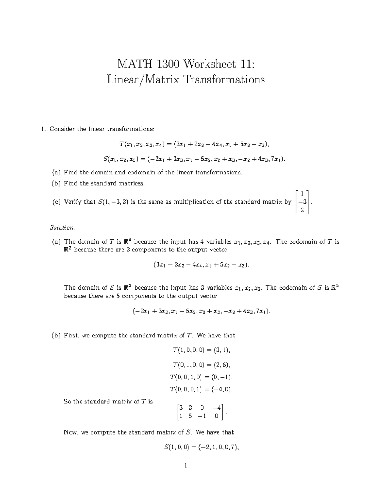Worksheet 11 sol - Assignment - MATH 1300 Worksheet 11: Linear/Matrix ...