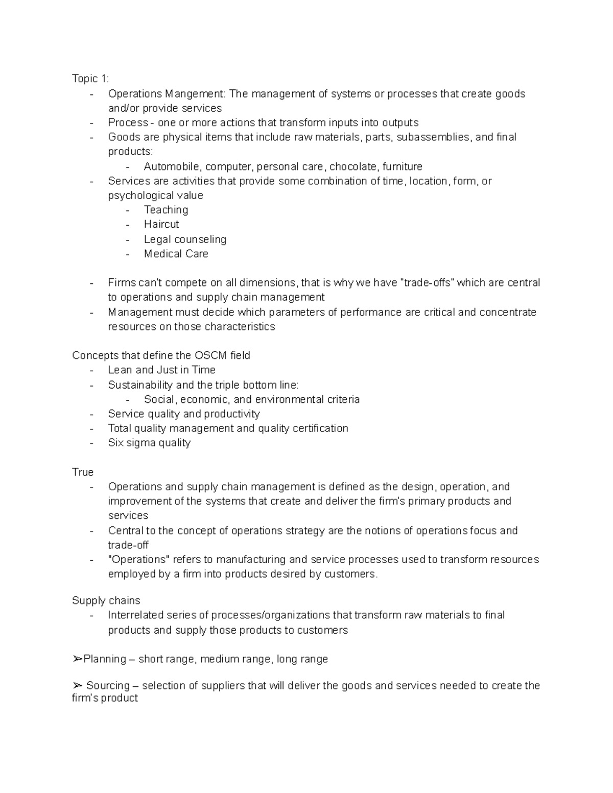 OPIM 230 - notes - Topic 1: - Operations Mangement: The management of ...