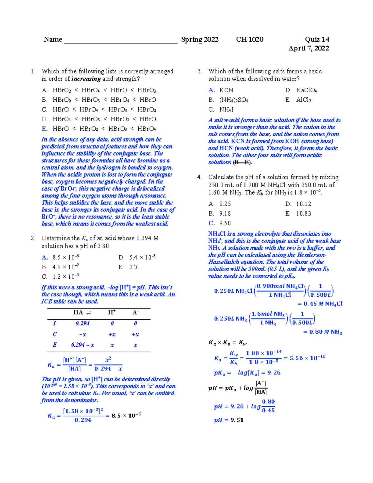 Sp22 CH1020 Quiz 14 Key - This is the Spring 2022 CH 1020 Quiz 9 Key - Name - Studocu