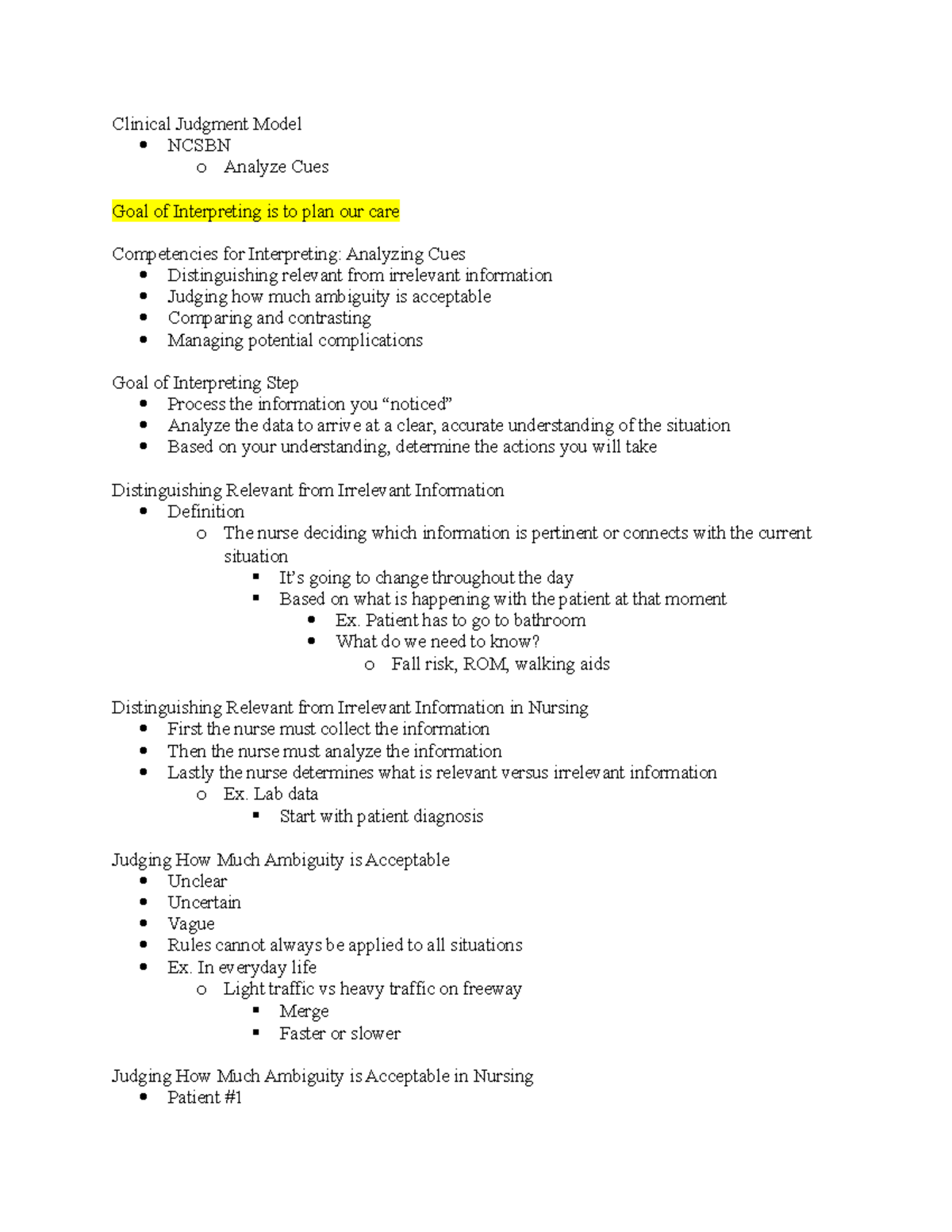 Interpreting Broken Down - Clinical Judgment Model NCSBN o Analyze Cues ...