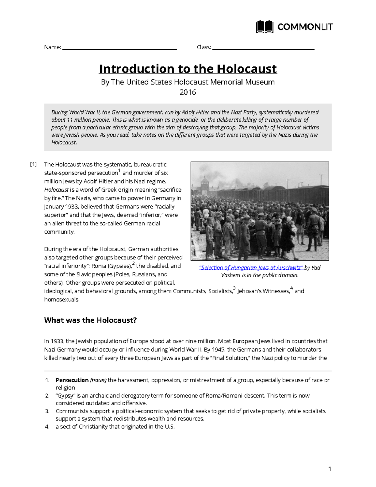 Introtoholo - this is the intro to the holocaust - Name: Class ...