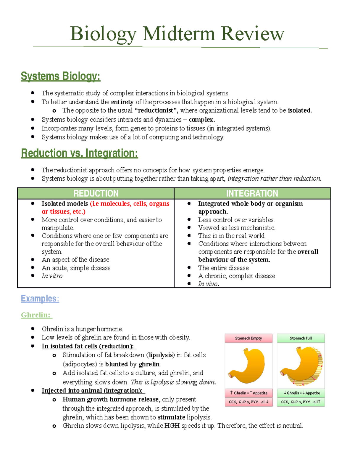 BIOL 1080 Midterm Summary - Biology Midterm Review Systems Biology: The ...