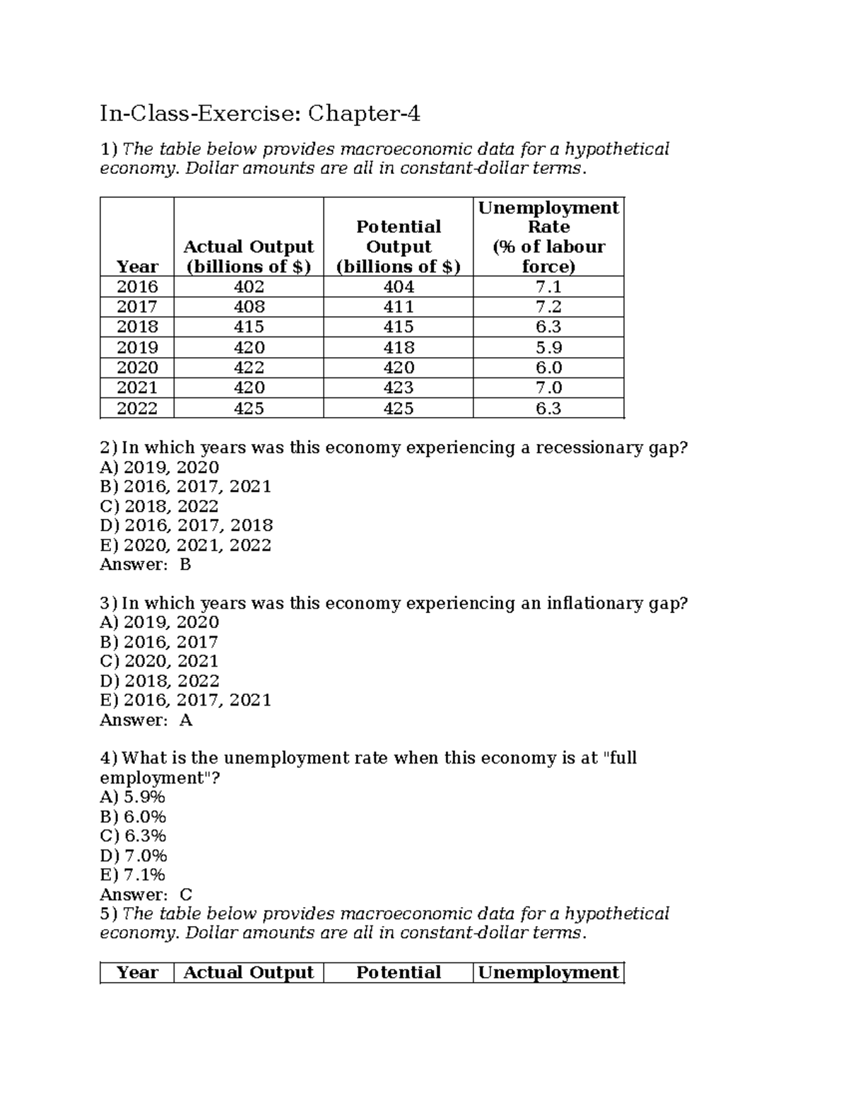 Exercise chapter 4 Key - Ec140 - In-Class-Exercise: Chapter- The table below provides ...