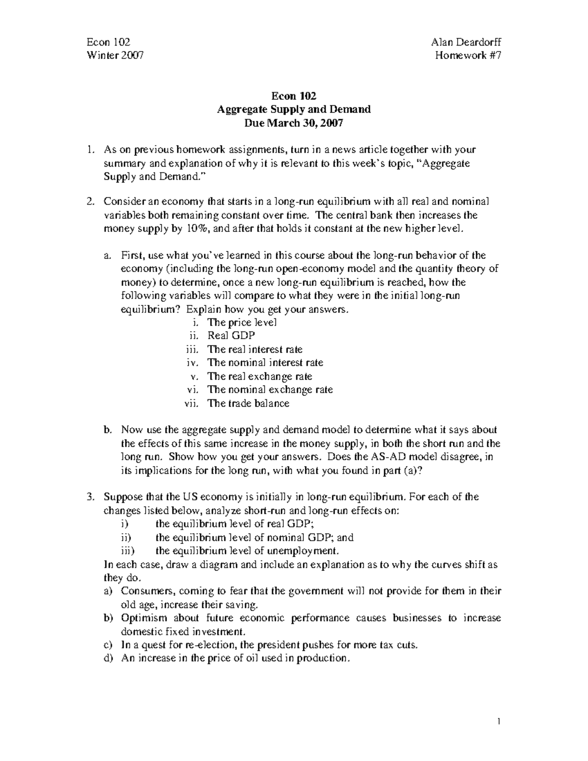 Seminar assignments - Homework assignment 7 - Econ 102 Winter 2007 Alan ...