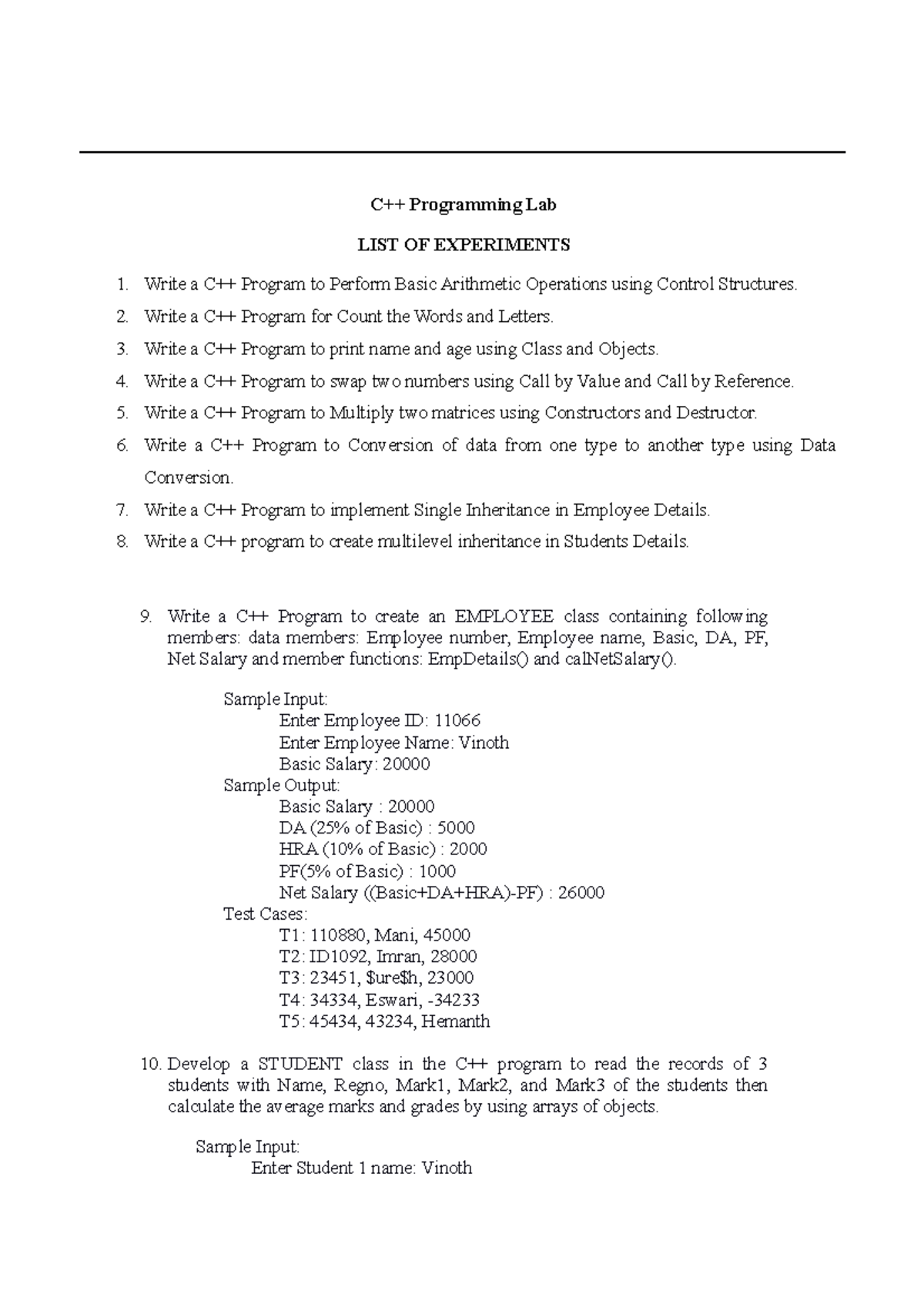 Record Programs - good - C++ Programming Lab LIST OF EXPERIMENTS Write a C++ Program to Perform ...