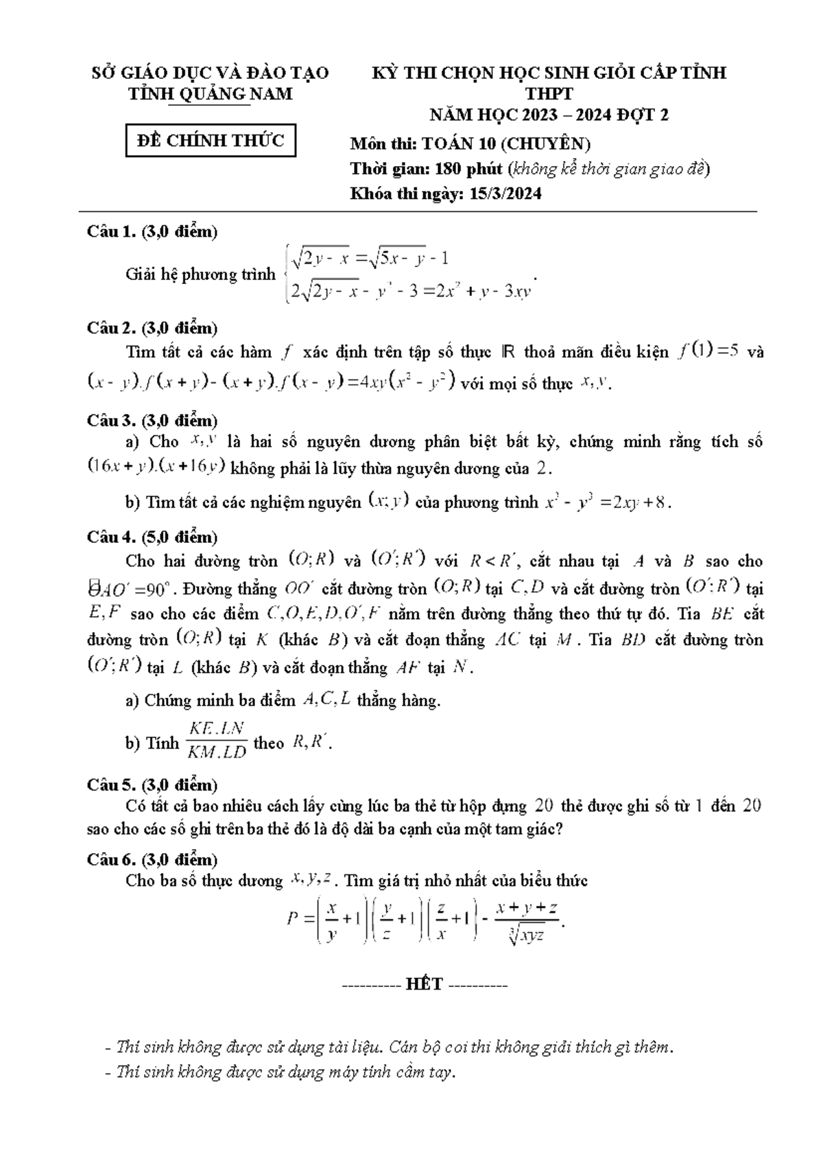 Đề HSG10 Quảng Nam 2023-2024 - SỞ GIÁO DỤC VÀ ĐÀO TẠO TỈNH QUẢNG NAM ĐỀ ...