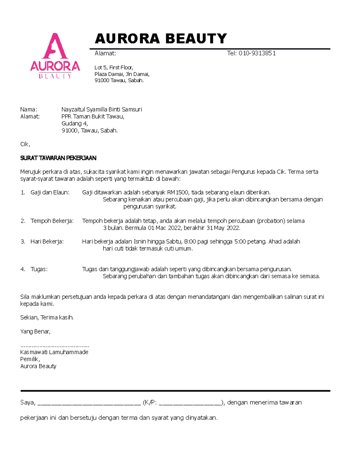 Offer Letter - Aurora Beauty - Manager - AURORA BEAUTY Alamat: Tel: 010 ...