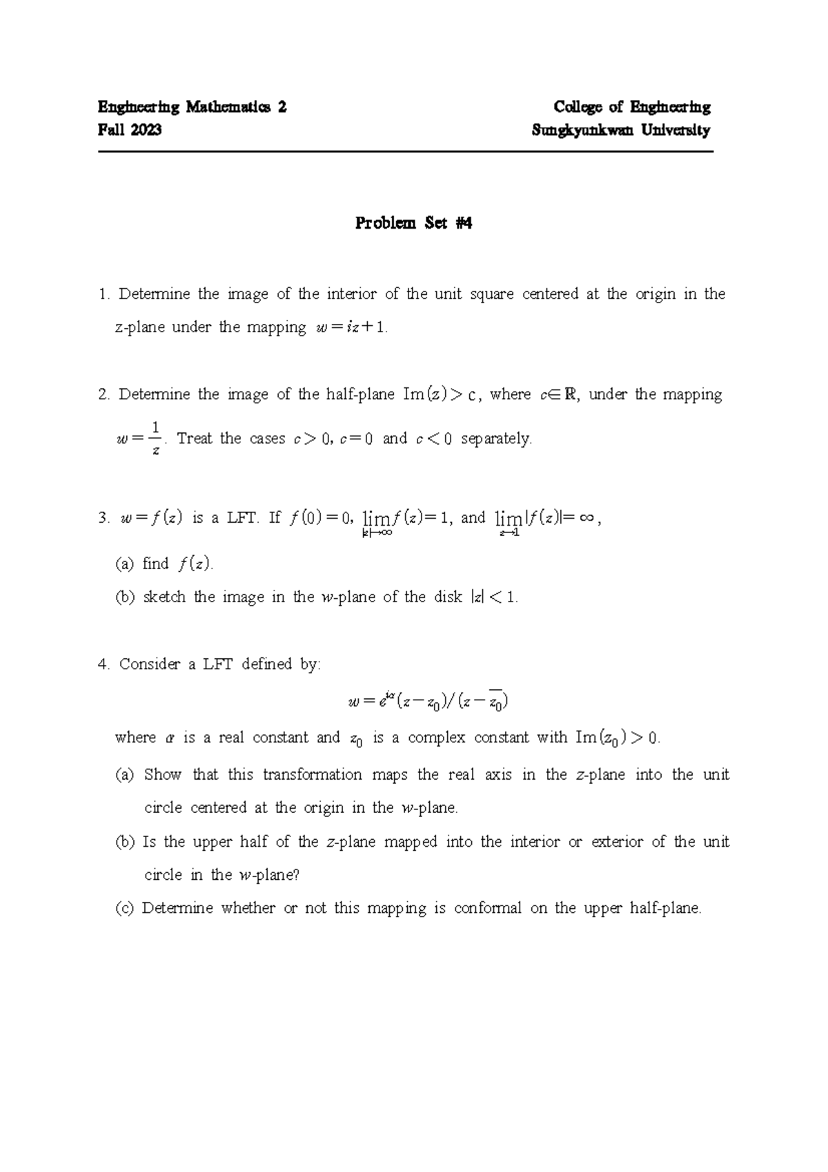 Problem Set #4 - HW week4 - Engineer ing Mathematics 2 College of ...