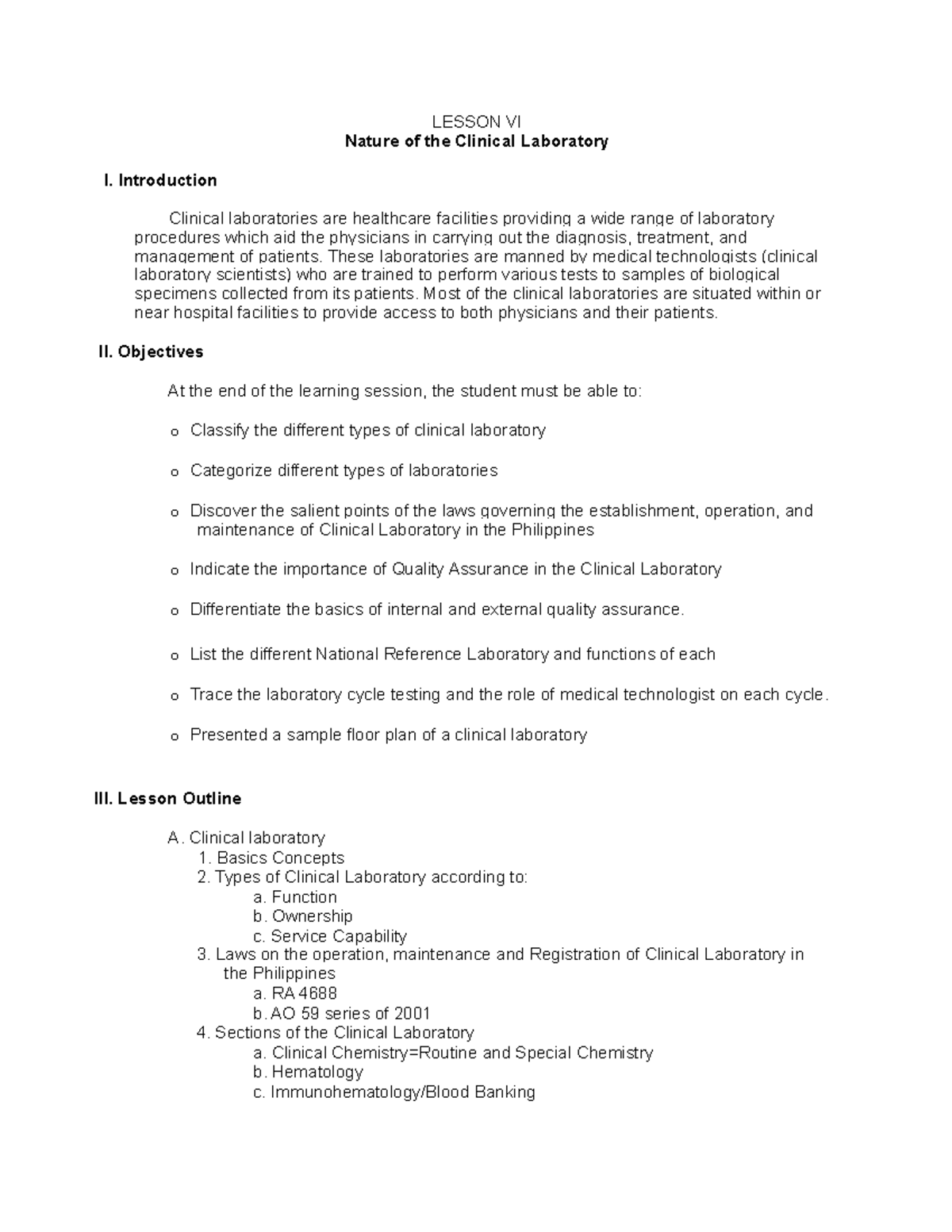 MT 101-1 Module 6 - LESSON VI Nature of the Clinical Laboratory I ...