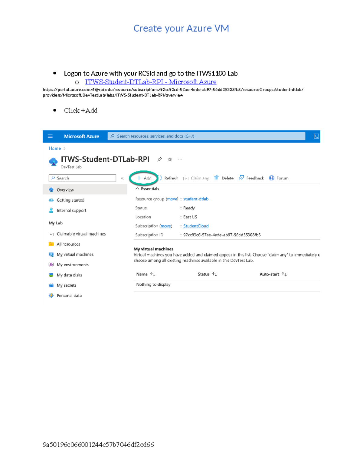 1-Create your VM - Create a Azure VM - ITWS 1100 - Logon to Azure with your RCSid and go to the ...