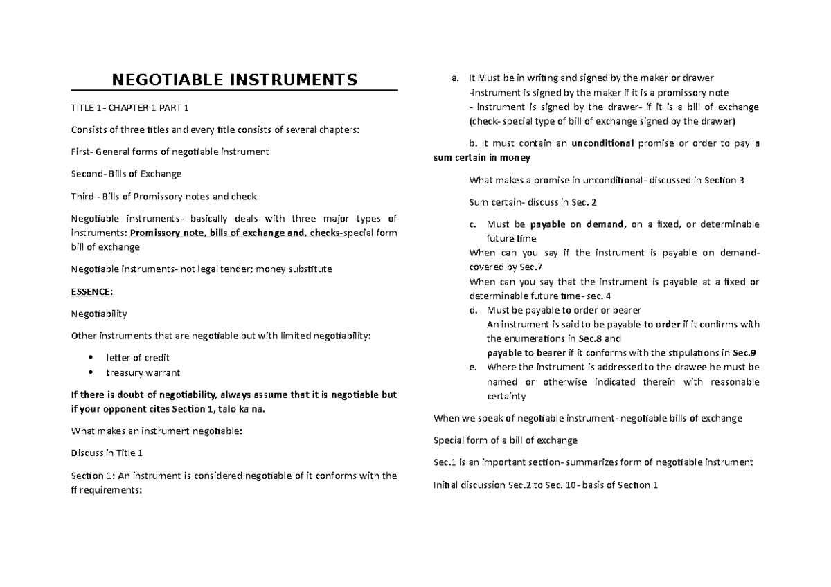 Negotiable Instruments Law Provisions - NEGOTIABLE INSTRUMENTS TITLE 1 ...