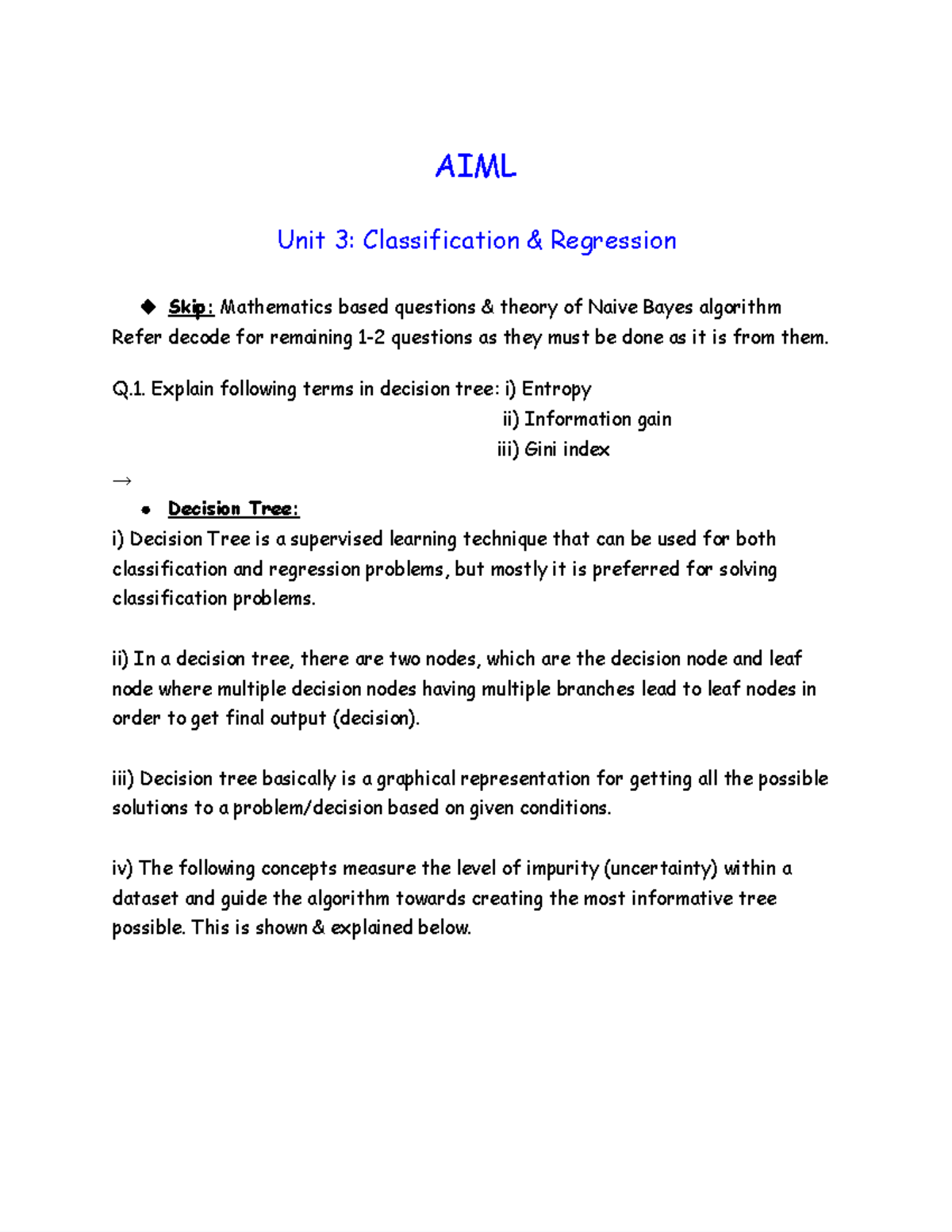 AIML Unit 3 - AIML Unit 3: Classification & Regression Skip: Mathematics based questions & - Studocu