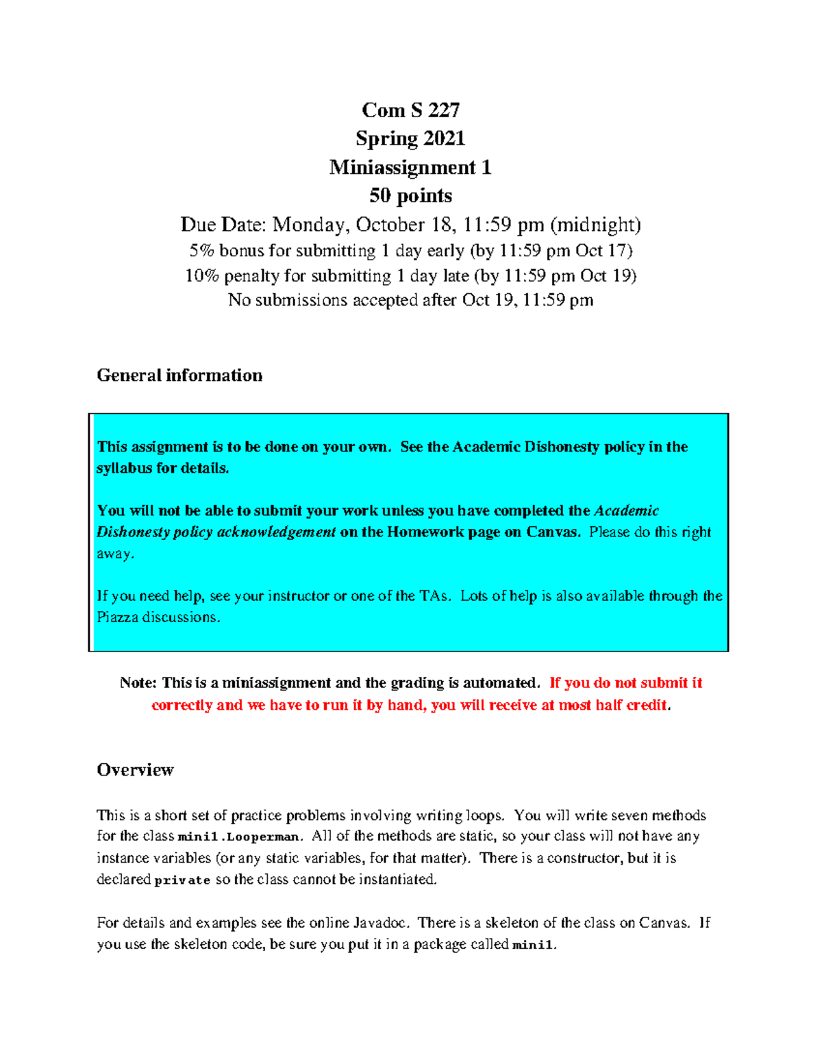Mini1 - Mini assignment 1 - Com S 227 Spring 2021 Miniassignment 1 50 ...