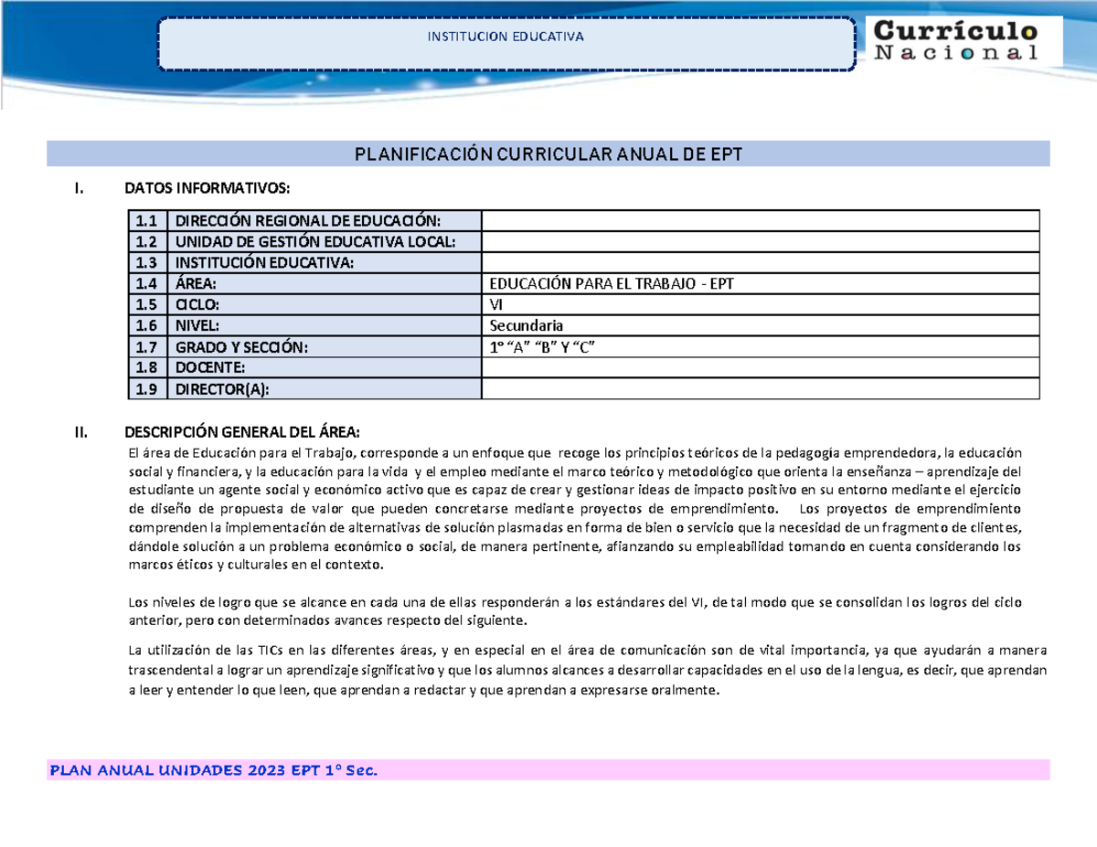 PLAN Anual EPT 1° SEC 2023 - PLANIFICACIÓN CURRICULAR ANUAL DE EPT I. DATOS INFORMATIVOS: 1 ...