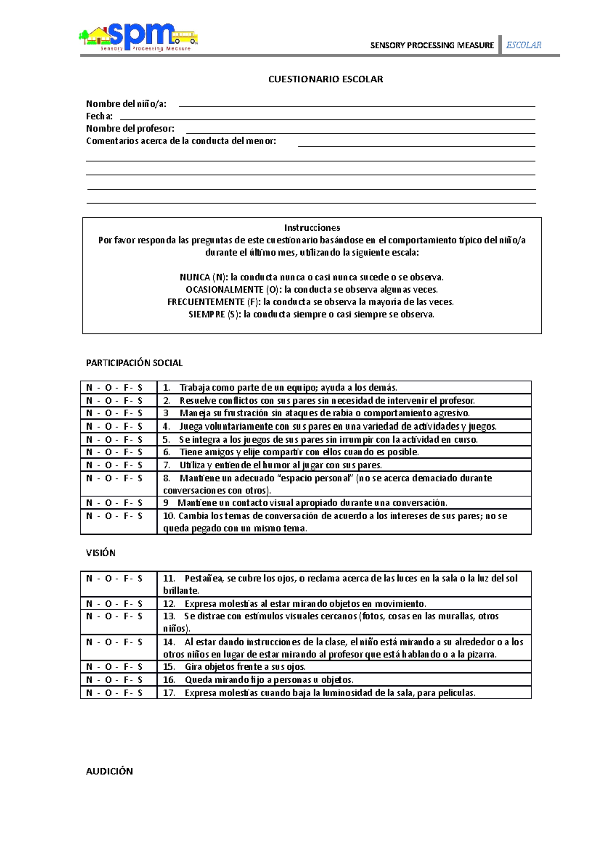 SPM - 5 a 12 a+ os - (Escolar) - SENSORY PROCESSING MEASURE ESCOLAR ...
