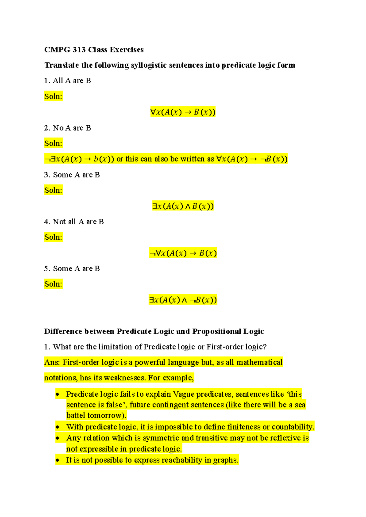 Class Exerciseson Predicate Logic Memo 230609 154326 - CMPG 313 Class ...