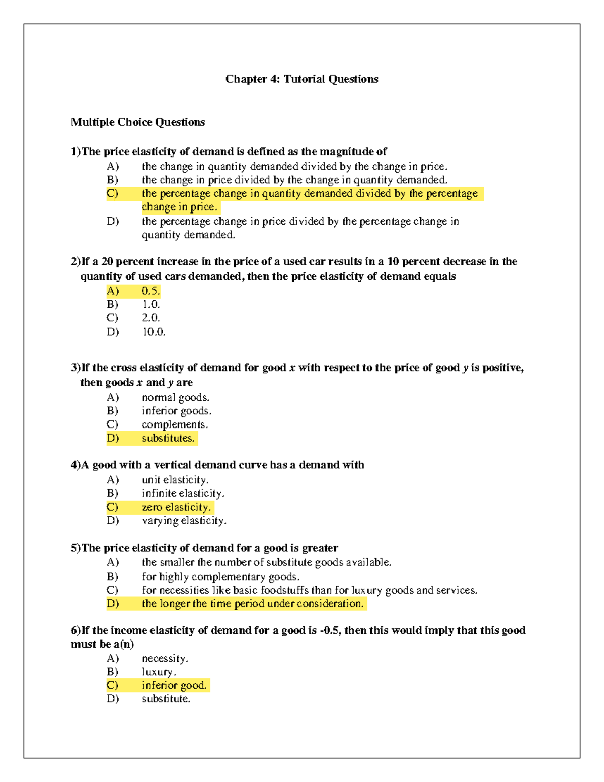 Chapter 4 - Tutorial Exercise with Answers - Chapter 4: Tutorial Questions Multiple Choice ...