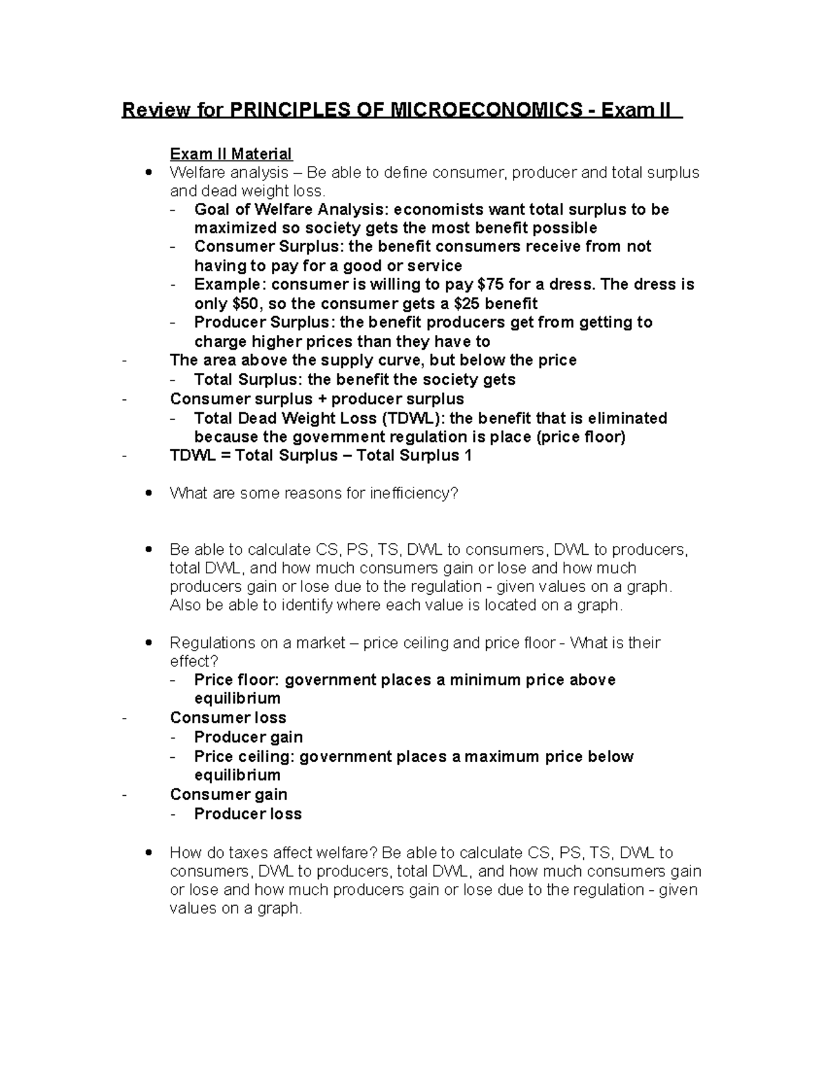 Exam 2 Study Guide - Review for PRINCIPLES OF MICROECONOMICS - Exam II ...