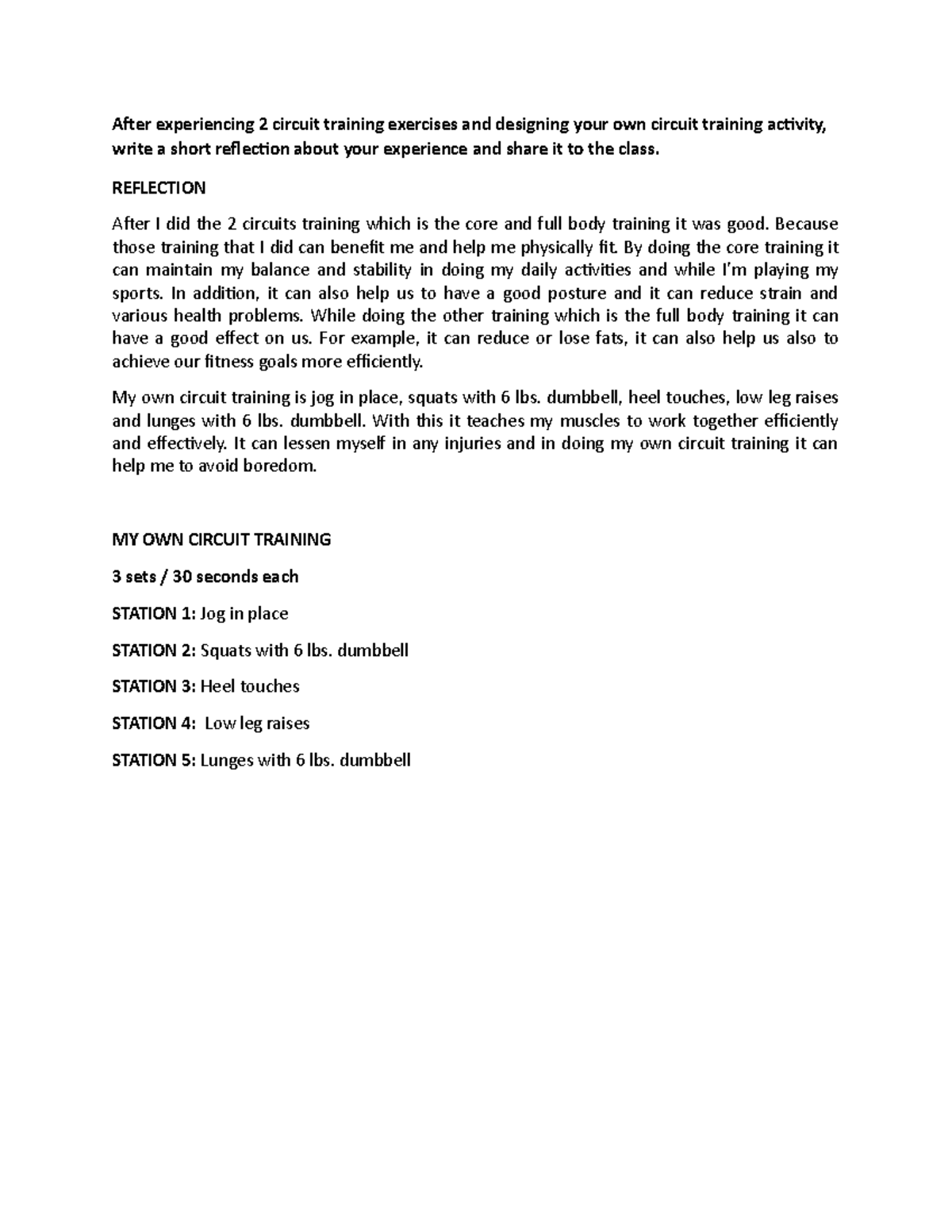 PE 001 - Discussion 5.1 Circuit Training Experience - After ...
