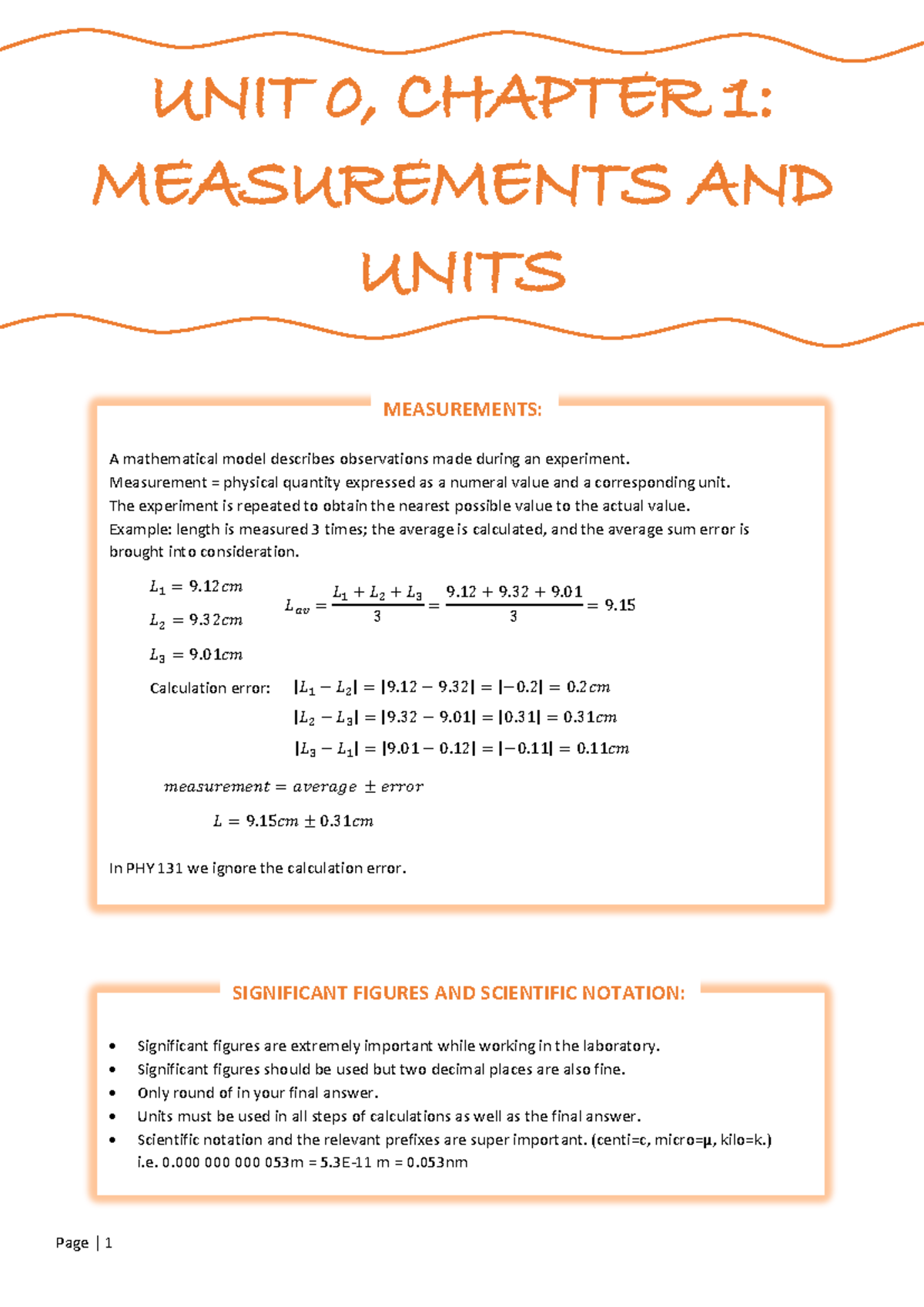 PHY 131 - Combined Notes - UNIT 0 , CHAPTER 1 : MEASUREMENTS AND UNITS ...
