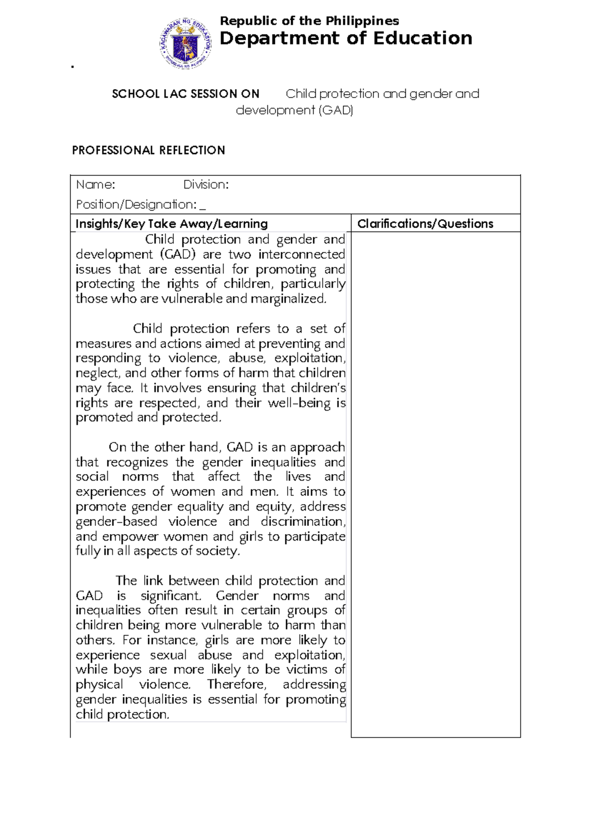 Reflection school lac GAD AND Child Protectionsession angel glez ...