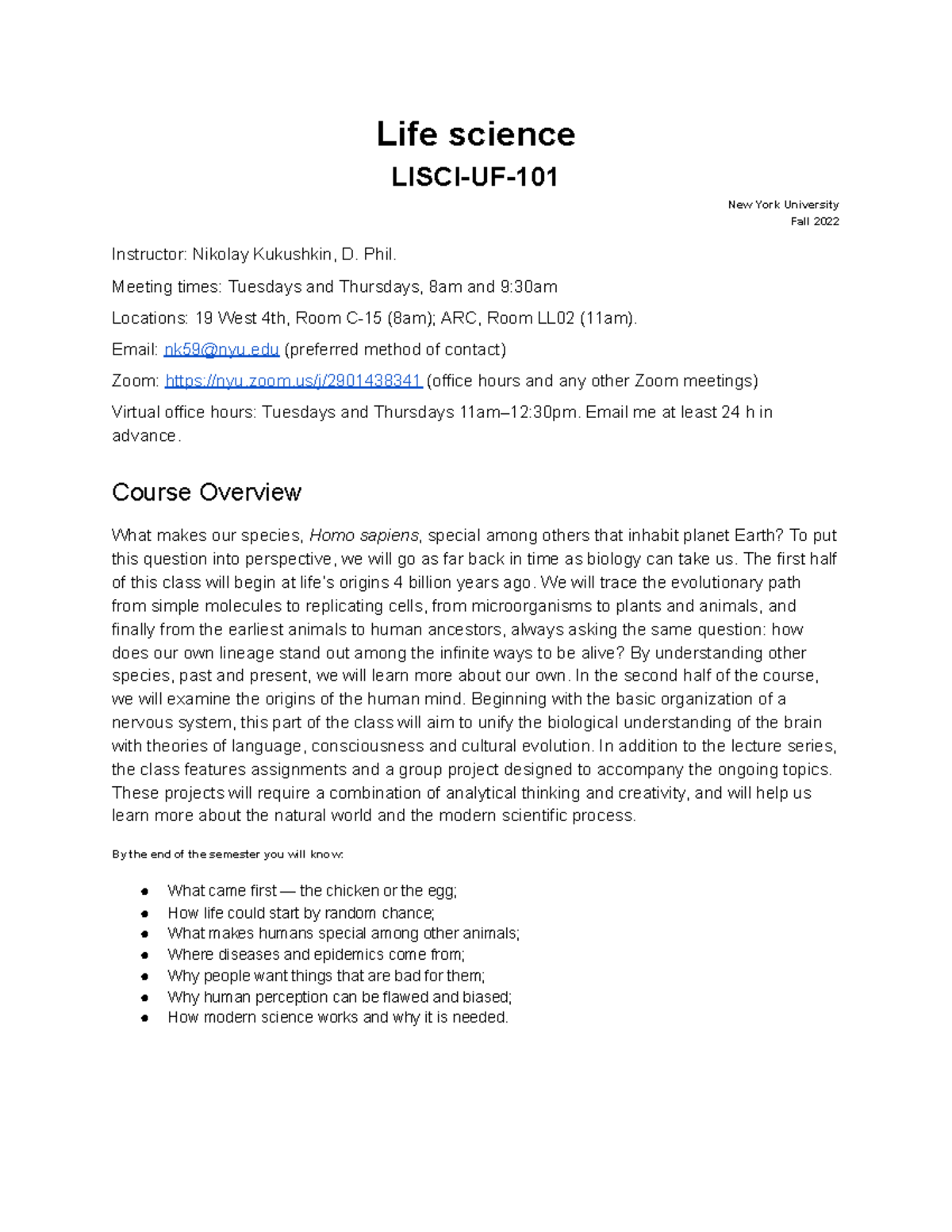 Life Science Syllabus Fall 2022 - Google Docs - Life science LISCI-UF ...