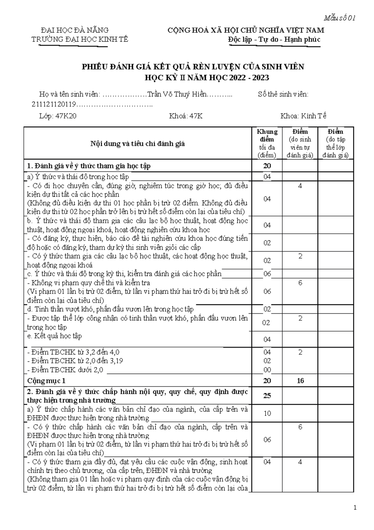 Bản sao của Mẫu phiếu đánh giá điểm rèn luyện - Mẫu số 01 ĐẠI HỌC ĐÀ ...