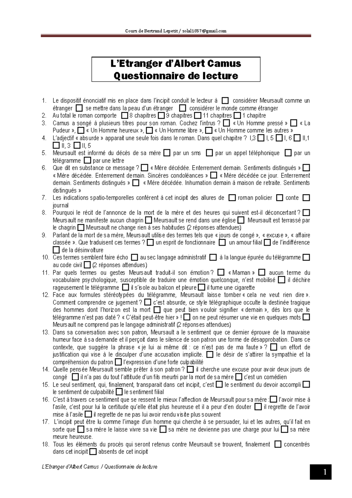 2019 questionnaire de lecture letranger corrige - L’Etranger d’Albert ...