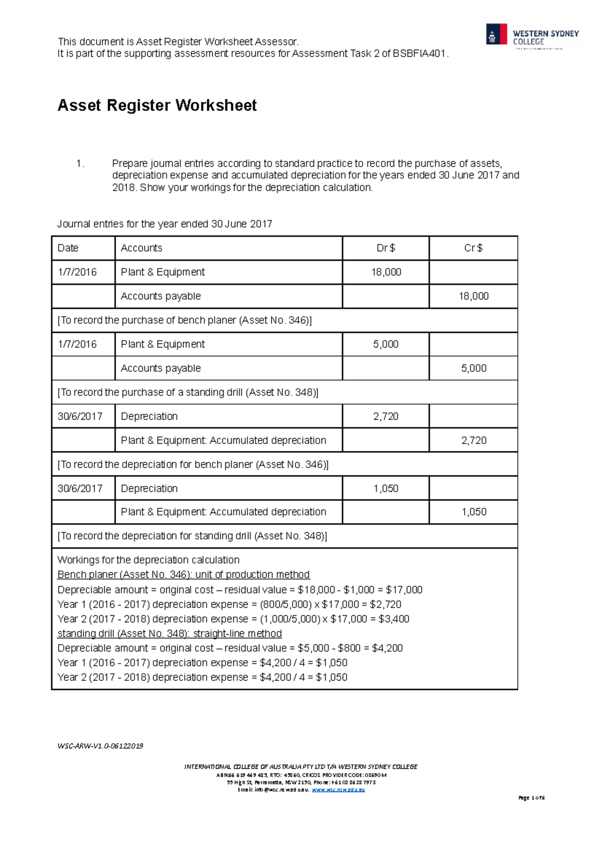 Bsbfia 401 assess 2 worksheet - Asset Register Worksheet Prepare ...