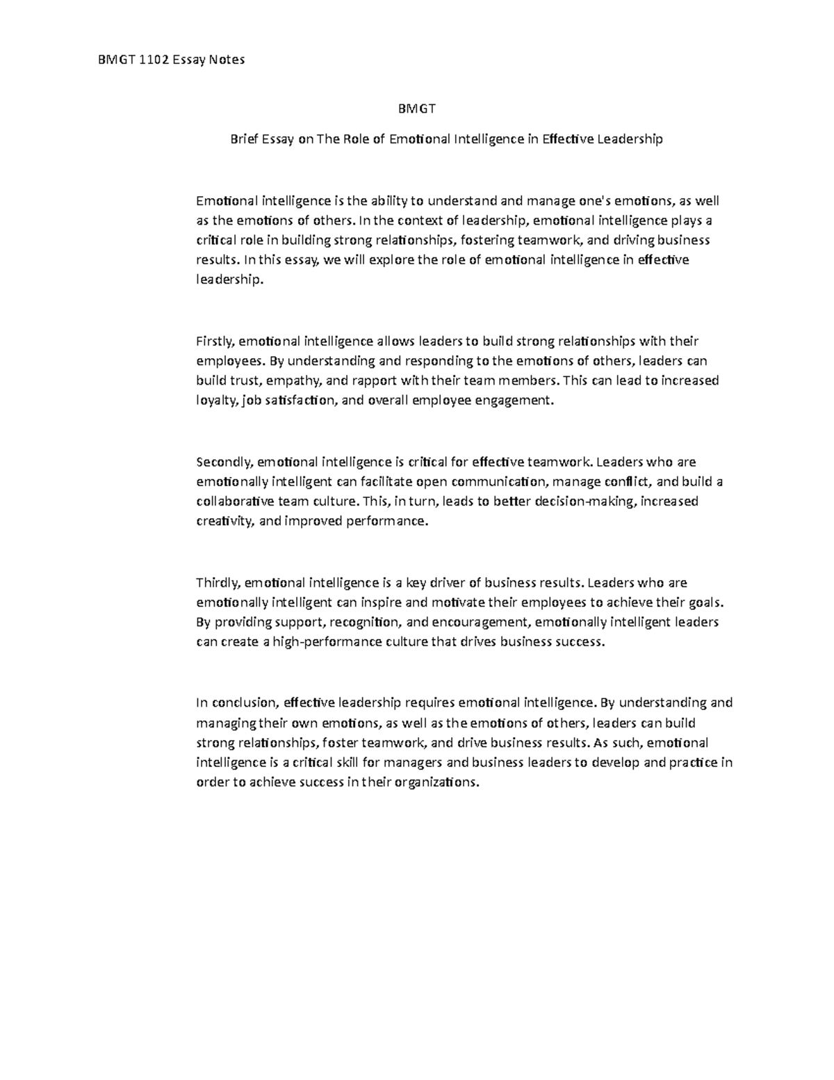 Brief Essay on The Role of Emotional Intelligence in Effective ...