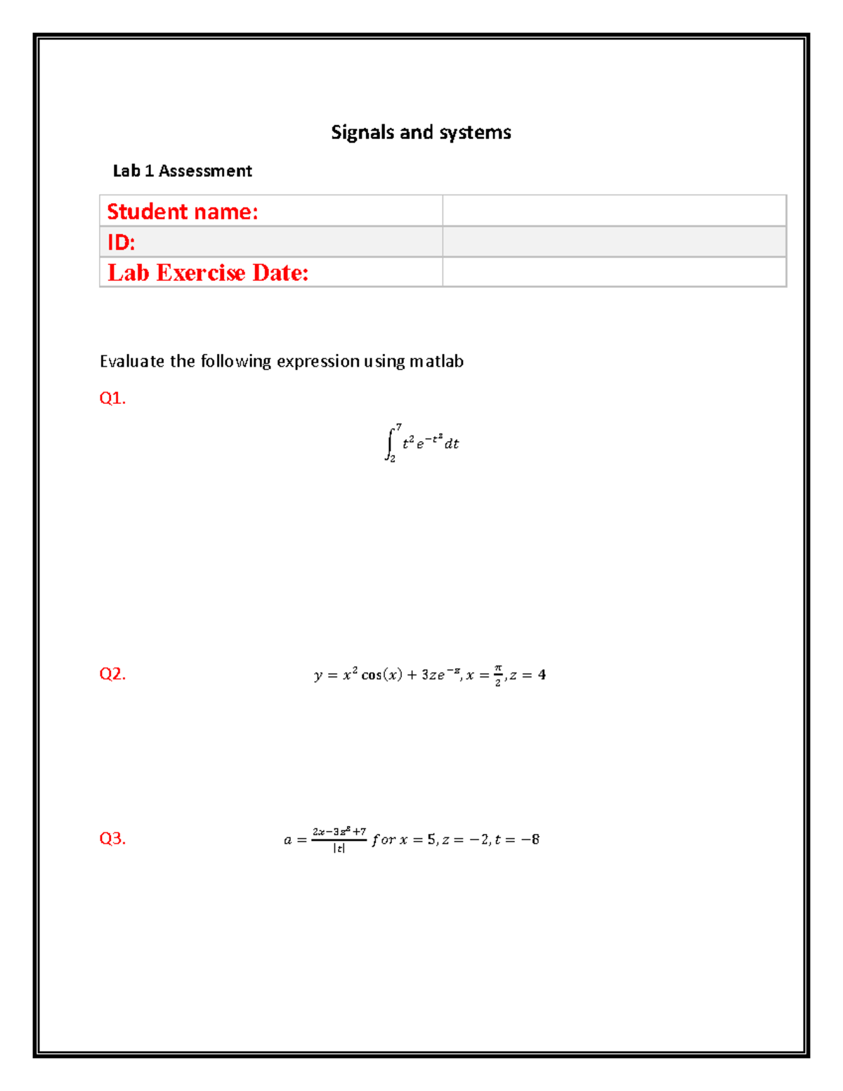 Lab 1 assessment - Signals and systems (ECE20242) - Signals and systems Lab 1 Assessment Student ...