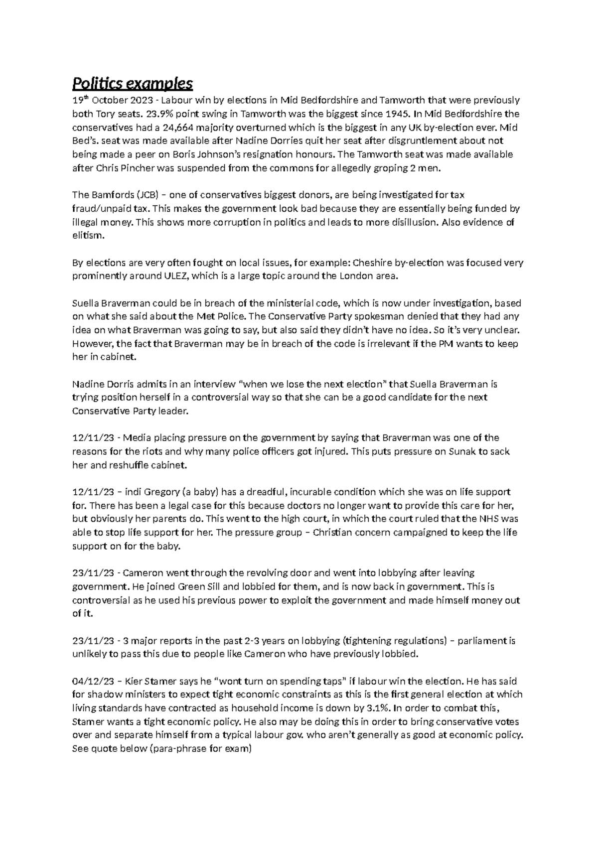 UK politics examples - paper 1 - Politics examples 19 th October 2023 ...