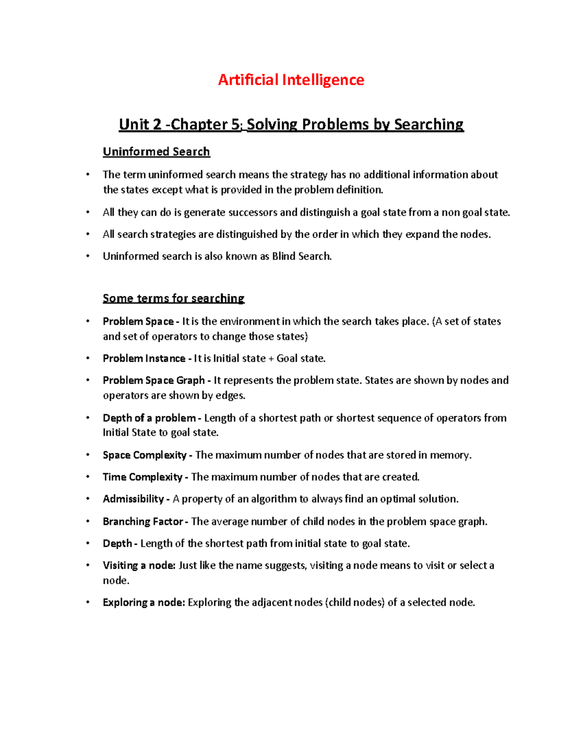 AI U2 C5 - love you - Artificial Intelligence Unit 2 -Chapter 5: Solving Problems by Searching ...