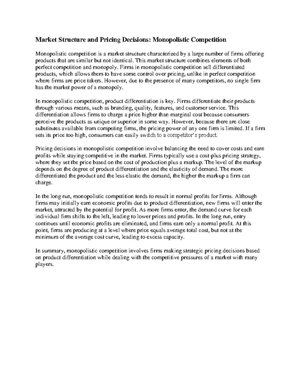 Market Structure and Pricing Decisions-Monopolistic Competition ...